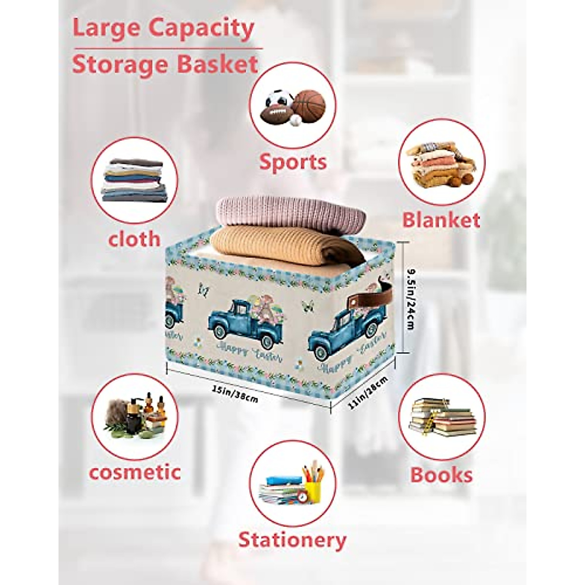 1 PCS Large Storage Basket Bins Waterproof Fabric, Easter Rectangular Storage Box for Shelf Closet Organizer Easter Egg Easter Bunny Butt Blue Plaid Spring Holiday Rustic