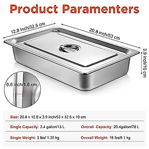 Dandat 6 Pack Full Size Steam Table Pans Deep Hotel Pan with Lid Thick Stainless Steel Pans Restaurant Commercial Trays Steam Food Containers for Chafing Dish Buffet, 20.8 x 12.8 x 3.9 Inch