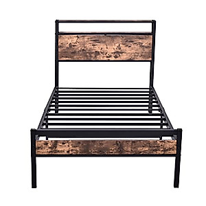 JUYETOA Twin Size Bed Frame with Wooden Headboard and Footboard, Strong Metal Slats Support for Mattress Foundation, No Box Spring Needed, Easy Assembly, Noise Free