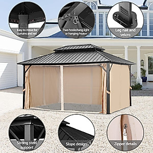 10X 12Ft Hardtop Gazebo Outdoor Gazebo Canopy Double Vented Roof Galvanized Steel Pergolas Aluminum Frame with Netting for Garden,Parties,Lawns and Patio