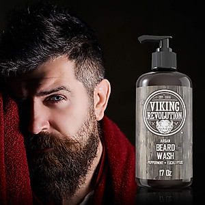 Beard Wash Shampoo w/Argan & Jojoba Oils - Softens & Strengthens - Natural Peppermint and Eucalyptus Scent - Beard Shampoo w/Beard Oil (17 oz Shampoo)