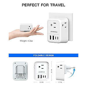 Foldable European Travel Plug Adapter, JAMIFEX International Power Plug Adaptor with 4 Outlets 4 USB(2 USB-C) Ports, Type C EU Adapter US to Most Europe Spain Italy France Germany