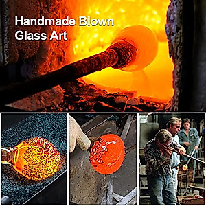 LUJII Hand Blown Glass Hummingbird Feeder for Outdoors with Ant Moat, Leak Proof & Rustproof , 25oz, Metal Base Cover with 5 Feeding Ports & Perches, Glass Art for Garden Decor (Blue Mixed Yellow)