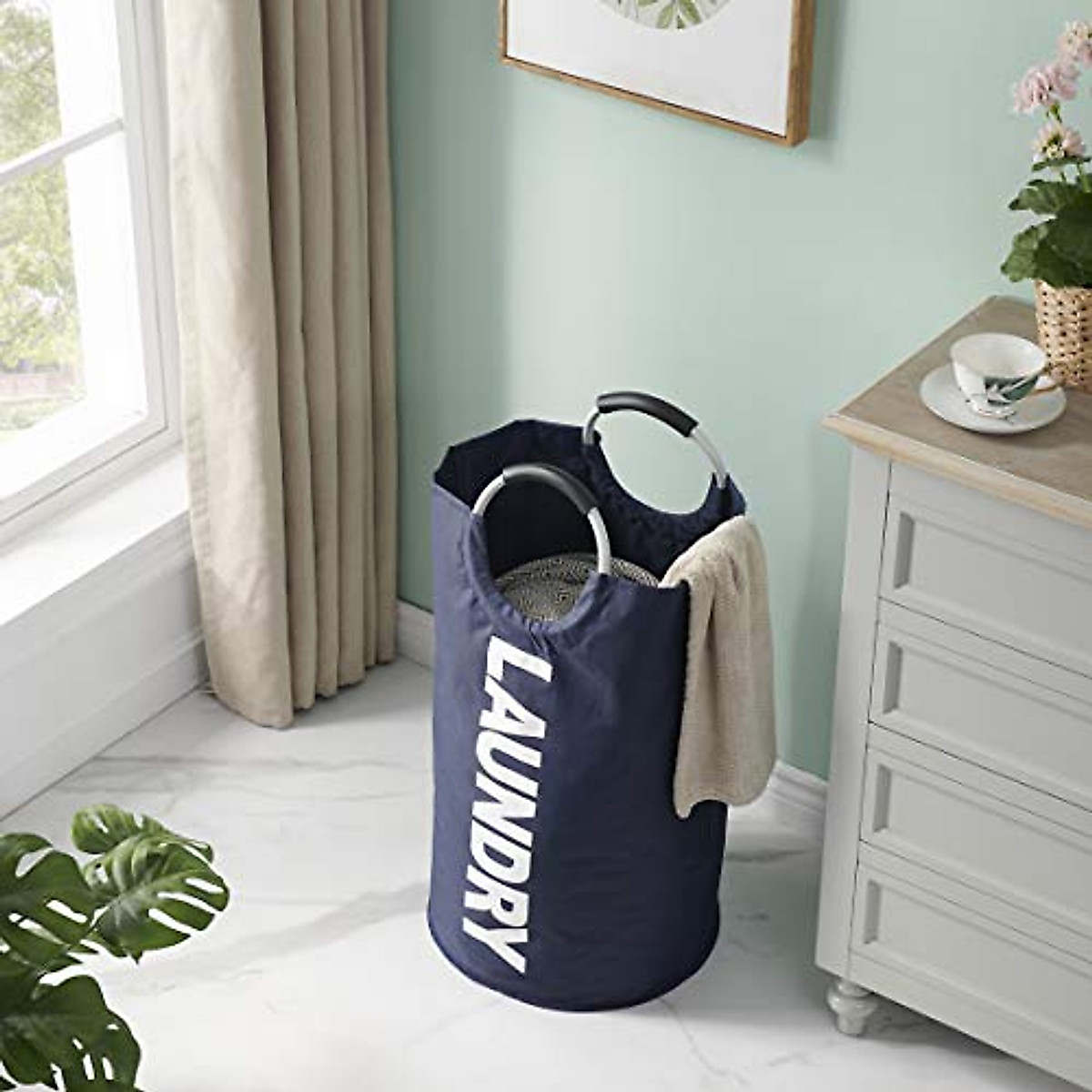 82L Large Thicken Laundry Basket Collapsible Fabric Laundry Hamper Foldable Heavy Duty Clothes Bag Portable Washing Bin Waterproof Cloth Hampers Storage with Durable Aluminum Handles (Dark Blue)