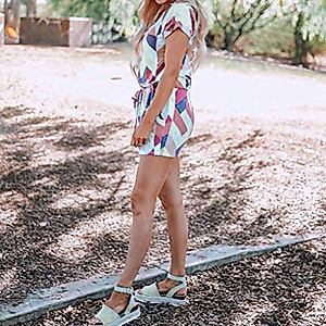 Women's Summer Short Sleeve Romper Mitiy Geometry Printing Casual Rompers with Pockets Loose Jumpsuits