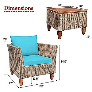 Tangkula 3 Piece Patio Furniture Set, Outdoor Wicker Rattan Bistro Sofa Set w/Washable Cushion, Acacia Wood Top Coffee Table, Conversation Set w/Adjustable Feet for Balcony Backyard Porch (Turquoise)