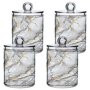 BOENLE 4 Pack Qtip Holder Dispenser White Marble with Gold Veins Bathroom Storage Canister Lid Acrylic Plastic Apothecary Jar Set Vanity Makeup Organizer for Cotton Swab/Ball/Pad/Floss