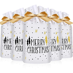 Frienda 30 Pack Treat Bags with Drawstring Candy Bags, Merry Christmas Tree Print Plastic Favor Bag Drawstring Cookie Bags for Christmas Wedding Party Birthday Engagement Holiday Favor