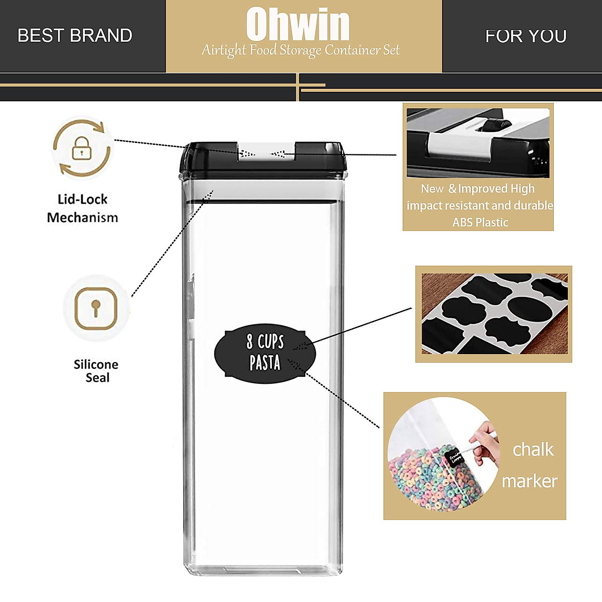 Zymise AMAHLE Ohwin 7 Pcs Airtight Food Storage Container Set - Kitchen & Pantry Organization Containers - Labels & Chalk Marker - BPA Free Clear Plastic Kitchen and Pantry Organization Containers