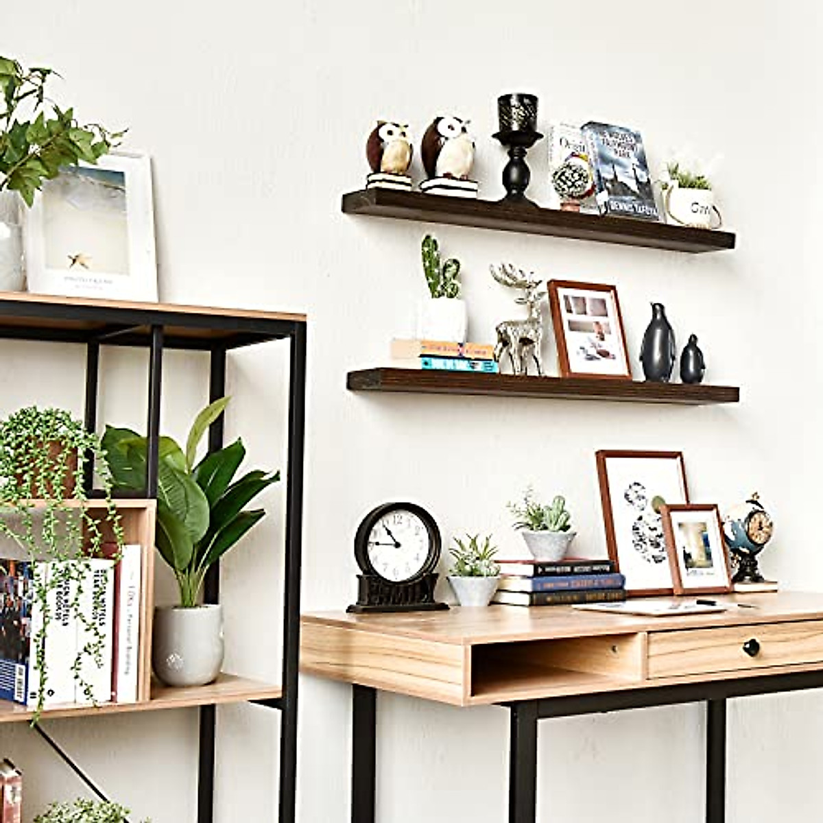 WELLAND Bradley Brown Floating Shelves Set of 2 Handmade Wood Wall Shelves Rustic Wall Mounted Shelves 5" Deep Narrow (Dark Brown, 36 inch)