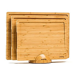 SMIRLY Wooden Cutting Boards for Kitchen - Bamboo Cutting Board Set, Chopping Board Set - Wood Cutting Board Set with Holder - First Apartment Kitchen Essentials, New Home Kitchen Accessories