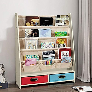 Costzon Kids Bookshelf, Wooden 4 Sling Book Shelves with 2 Pull-Out Toy Storage Boxes, Classroom Display Book Rack Organizer Furniture for Toddlers Kids Room, Nursery, Bedroom (Beige)