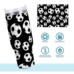 Traditional Black White Soccer Ball Tumbler with Handle and Straw Lid, Football 40 oz Insulated Coffee Cup Stainless Steel Water Bottle Travel Mug Cupholder Friendly,Gifts for Women Men