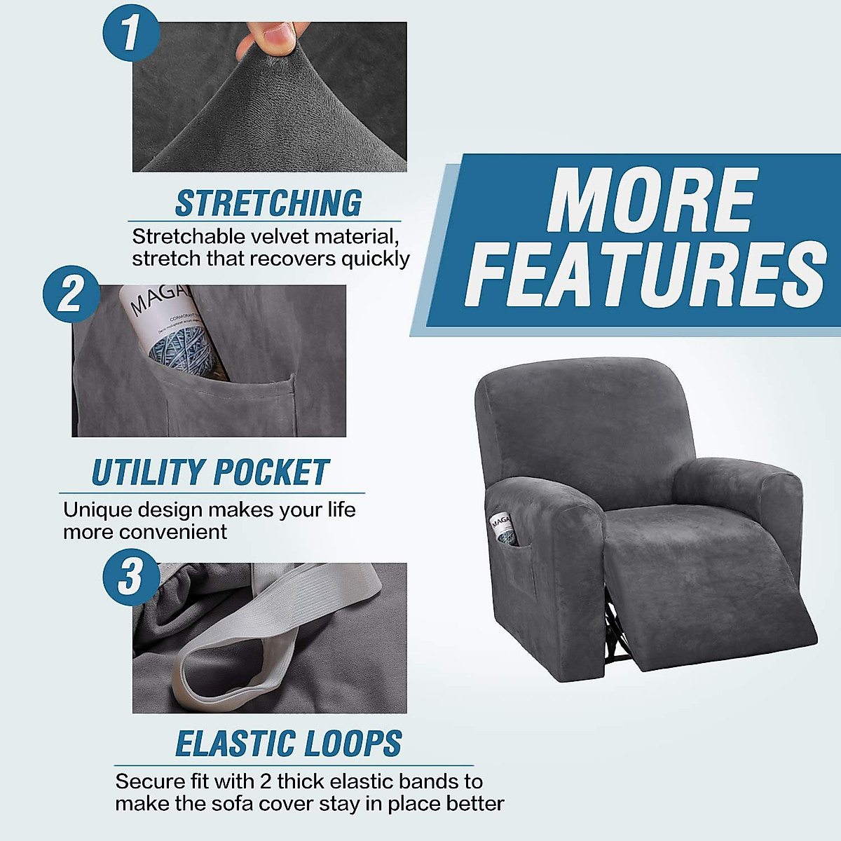 H.VERSAILTEX Velvet Stretch Recliner Couch Covers 4-Pieces Style Recliner Chair Covers Recliner Cover for Reclining Chair Slipcovers Feature Non Slip Form Fitted Thick Soft Washable, Grey