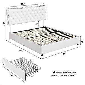 HOSTACK Full Bed Frame with 4 Storage Drawers, Upholstered Platform Bed Frame with Button Tufted Headboard, Heavy Duty Mattress Foundation with Wooden Slats, No Box Spring Needed (White, Full)