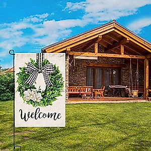 Hexagram Boxwood Wreath Welcome Garden Flag,Burlap Garden Flag Double Sided Summer Fall Buffalo Plaid Bow Yard Ourdoor Farmhouse Decor,Small Garden Flag 12x18 Prime