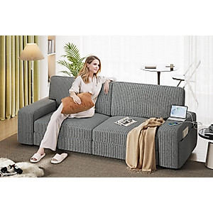 Yaheetech 83.5" W Modern Sofa Couch Corduroy Fabric Sofa with USB Charging Ports & Side Storage Pockets for Living Room Apartment, Dark Gray