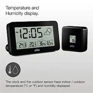 Braun Digital Weather Station Clock with Indoor and Outdoor Temperature and Humidity, Forecast, LCD Display, Quick-Set, Crescendo beep Alarm in Black, Model BC13BP.