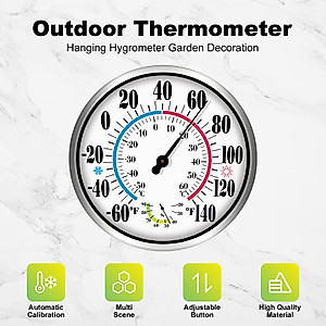 Indoor Outdoor Thermometer - Outdoor Thermometers for Patio Large Numbers 12Inch Weatherproof, Battery Free Auto Calibrate Thermometer Hygrometer with Stainless Steel Enclosure