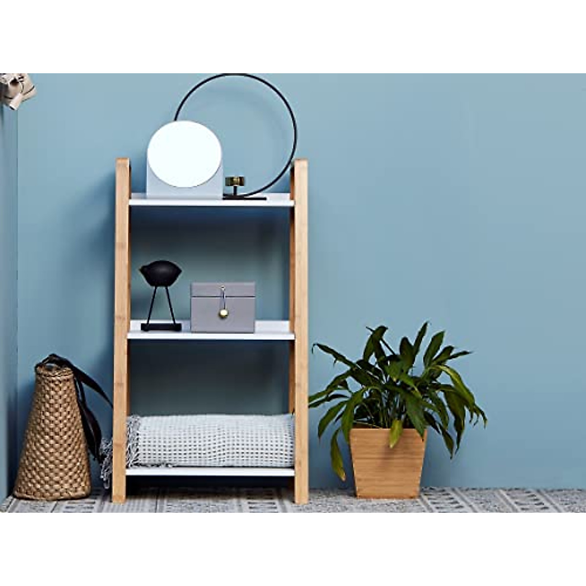 WENKO 3 Tier Ladder Shelf for Bathroom, Kitchen, Living Room, Bamboo, Storage Unit with White Shelves, Dimensions 16.93 x 29.92 x 14.17 in