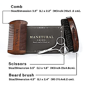 MANETURAL Beard Comb & Beard Brush Set for Men Dual Action Natural Wooden Beard Comb and Natural Boar Bristle Brush Great for Grooming Beard & Mustaches Scissors Gifts for Men Him
