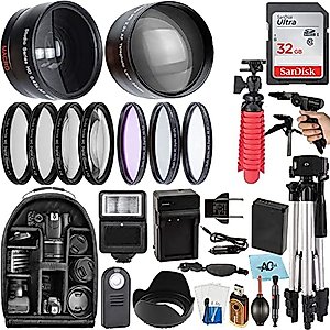 A-Cell 58mm Accessory Bundle for Canon EOS Rebel T7, T6, T5, T3, T100, 4000D, 2000D, 3000D and More with 32GB SanDisk Memory Card, Wide Angle Lens, Telephoto Lens, Tripod, Backpack