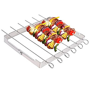 Barbecue Grill Rack and 6 Kebab Skewers, Stainless Steel Barbecue Rack BBQ Skewer Foldable BBQ Skewer Rack Set for Party Picnic