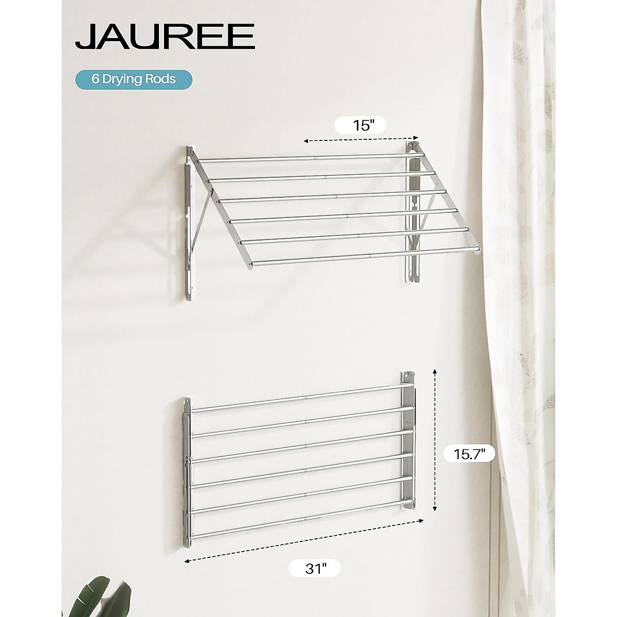 JAUREE Wall Mounted Clothes Drying Rack, Laundry Drying Rack Stainless Steel, Wall Drying Rack Clothing Foldable with 6 Drying Rods, Space Saving Wall Clothes Dryer Rack