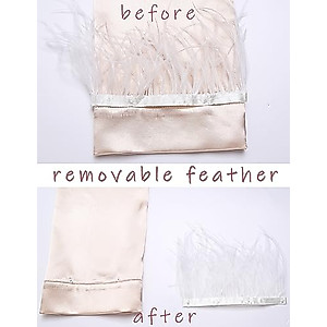 Ekouaer Women's Feather Trim Silk Satin Pajamas Set Long Sleeve Lounge Sets Comfy Long Sleeve Sleepwear Party Pjs Champagne L