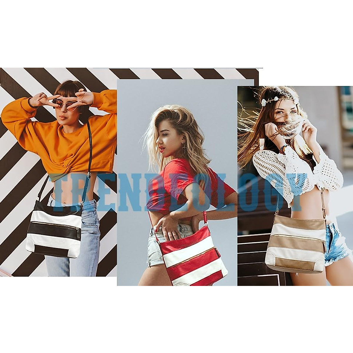 Adjustable Strap Soft Vegan Leather Front Pocket Large Hobo Handbag Crossbody Purse (Stripe - Black/White)