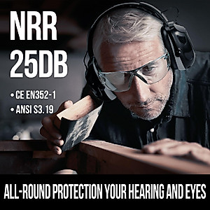 Muffpro Bluetooth Hearing Protection Ear Protection with Safety Glasses, NRR 25 dB Noise Canceling Earmuffs for Snowblowing, Mowing, Construction