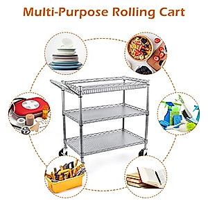 WDT Heavy Duty 3 Tier Rolling Utility Cart, Kitchen Metal Utility Carts with Handle Bar, Utility Shelf Plant Display Shelf Food Cart Storage Trolley with Wheels, Silver