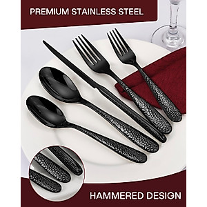 Hammered Black Silverware Set, EUIRIO 40-Piece Flatware Set for 8, Heavy Duty Stainless Steel Cutlery Set, Food-Grade Utensil Sets Includes Spoons Forks and Knives, Mirror Finish Dishwasher Safe