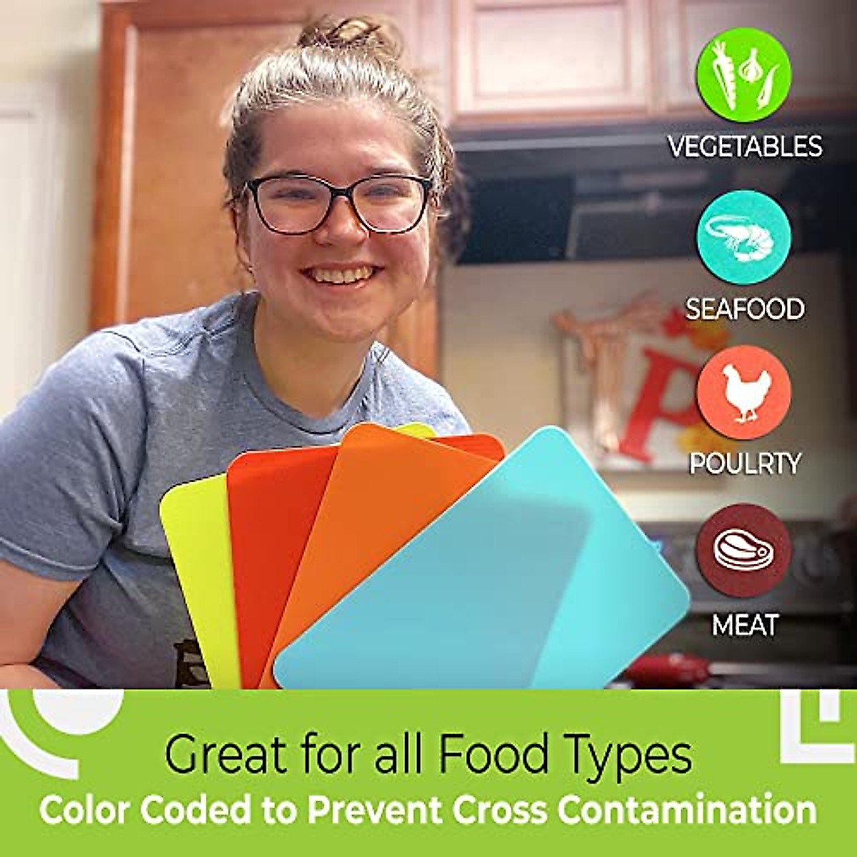 Simply Genius Plastic Cutting Boards for Kitchen - Color Coded Chopping Board Set - Flexible Cutting Mats for Meat & Vegetables - Dishwasher Safe, Non-Slip, BPA Free (8-Pack Multicolor, Mixed Size)