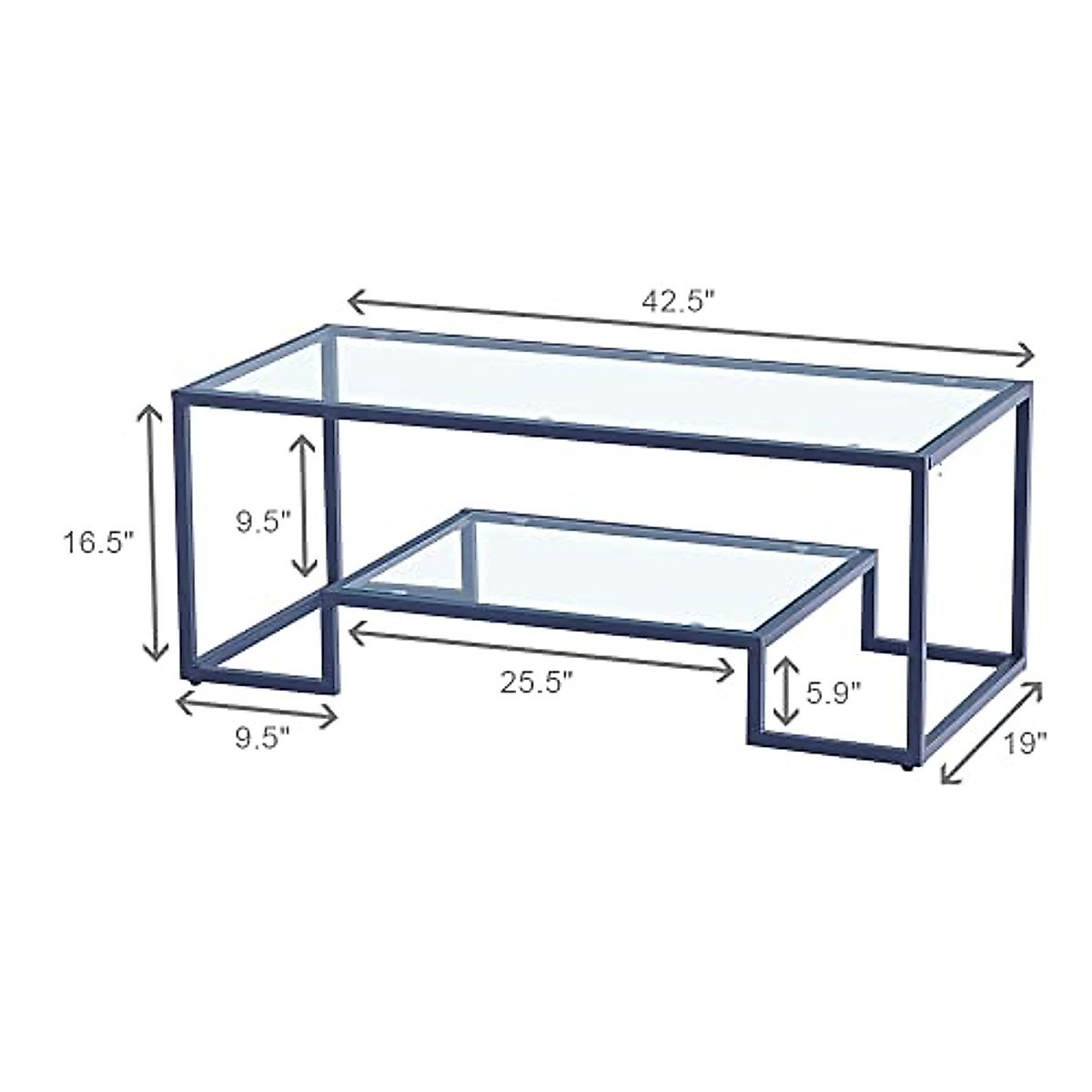 Black Metal Glass Coffee Table - Simple Center Coffee Table for Living Room Home, Metal Frame Coffee Table with 2 Shelves,Modern Table for Bedroom, Dinning Room,Office Decor