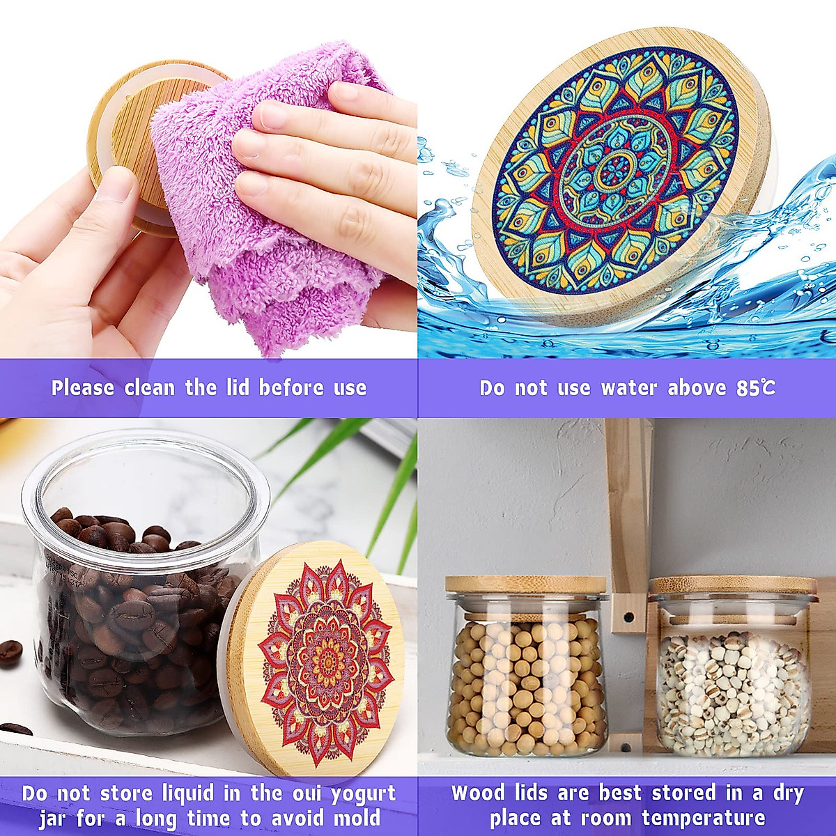 Skyley 12 Pack Storage Yogurt Jar Lids Set Bamboo Wood with Silicone Sealing Rings Wide Mouth Mandala Pattern Wooden Lids Compatible with Oui Yogurt Jars Reusable Jar Lids