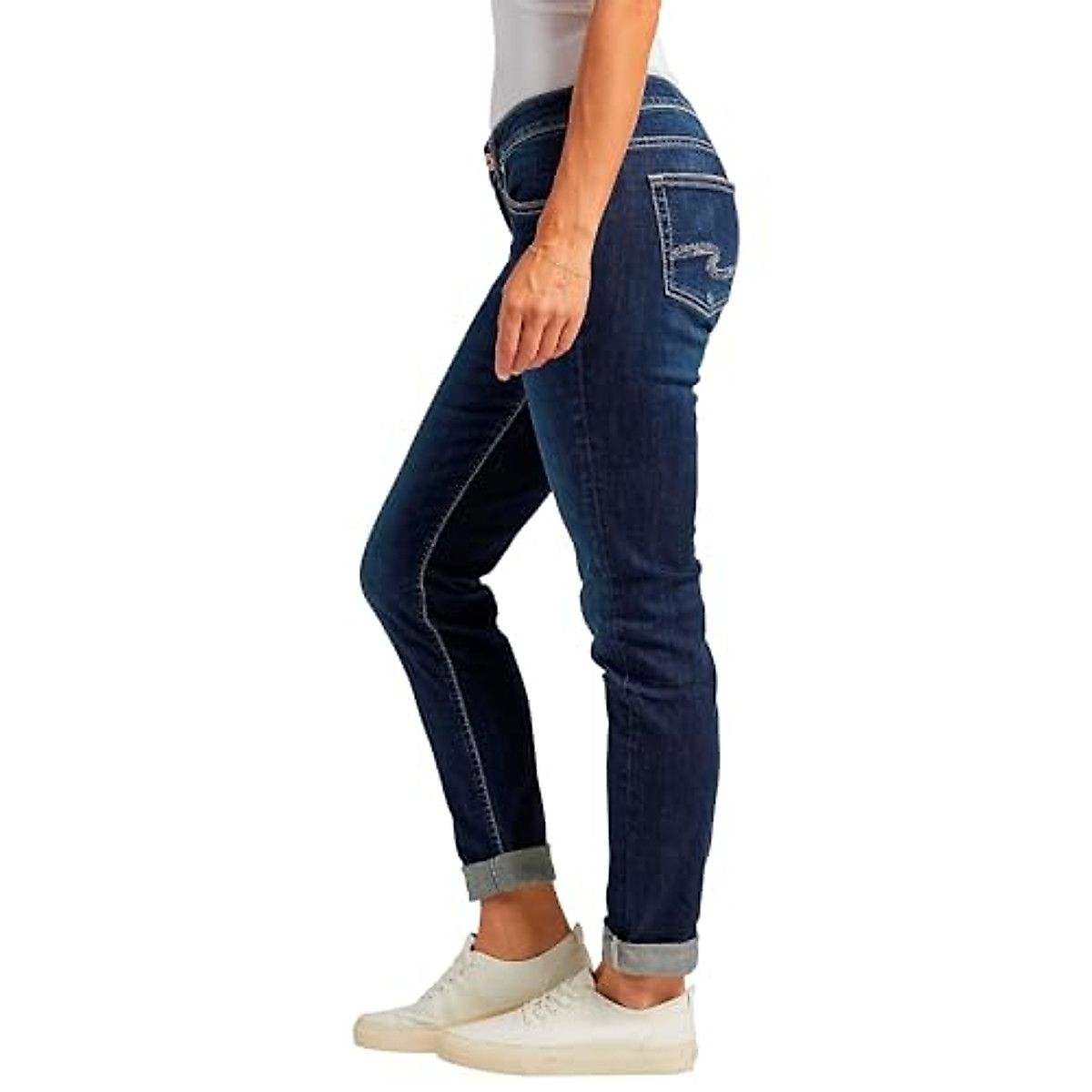 Silver Jeans Co. Women's Boyfriend Mid Rise Slim Leg Jeans, Deep Dark Indigo Wash, 36W x 29L