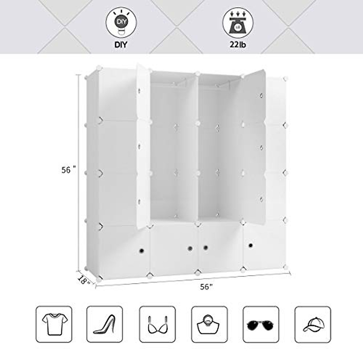 KOUSI Portable Wardrobe Closets 14"x18" Depth Cube Storage, Bedroom Armoire, Storage Organizer with Doors, 16 Cube, White