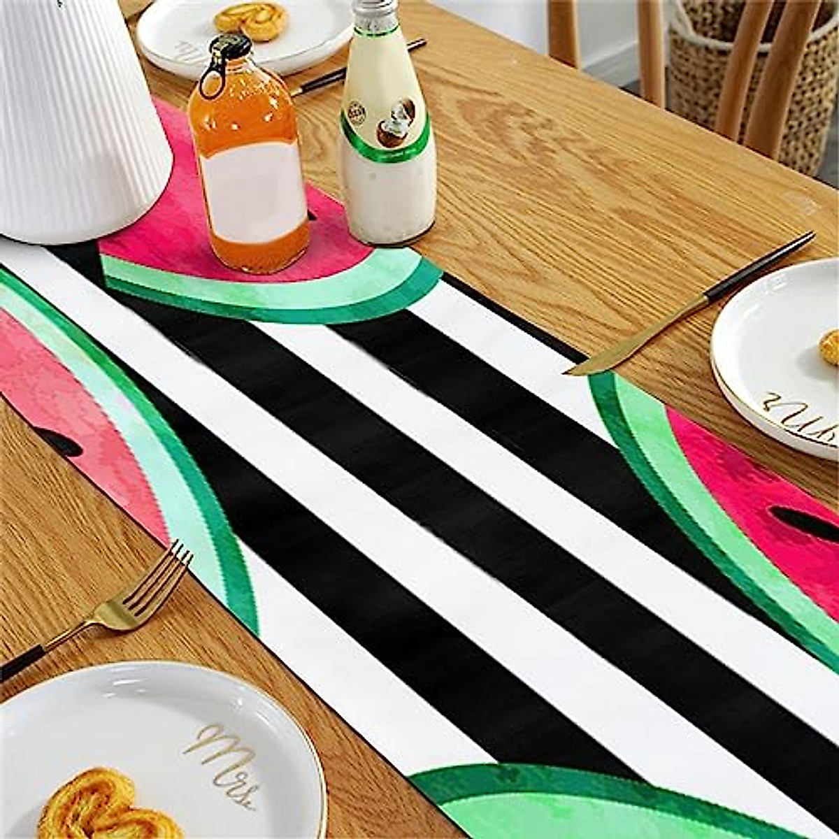 Table Runners Cotton Linens Burlap Dresser Scarves Table Decor for Kitchen Dining Room Coffee Table Tropical Fruit Watermelon Pink Summer Stripe Black and White Background 13"x70"