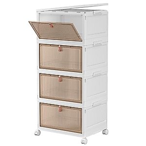 4 Tier Plastic Storage Bins with Lids 28QT, Stackable Storage Containers with Wheels, Folding Storage Boxes, Collapsible Storage Bins, Closet Organizers and Storage for Living Room,Office,Dorm