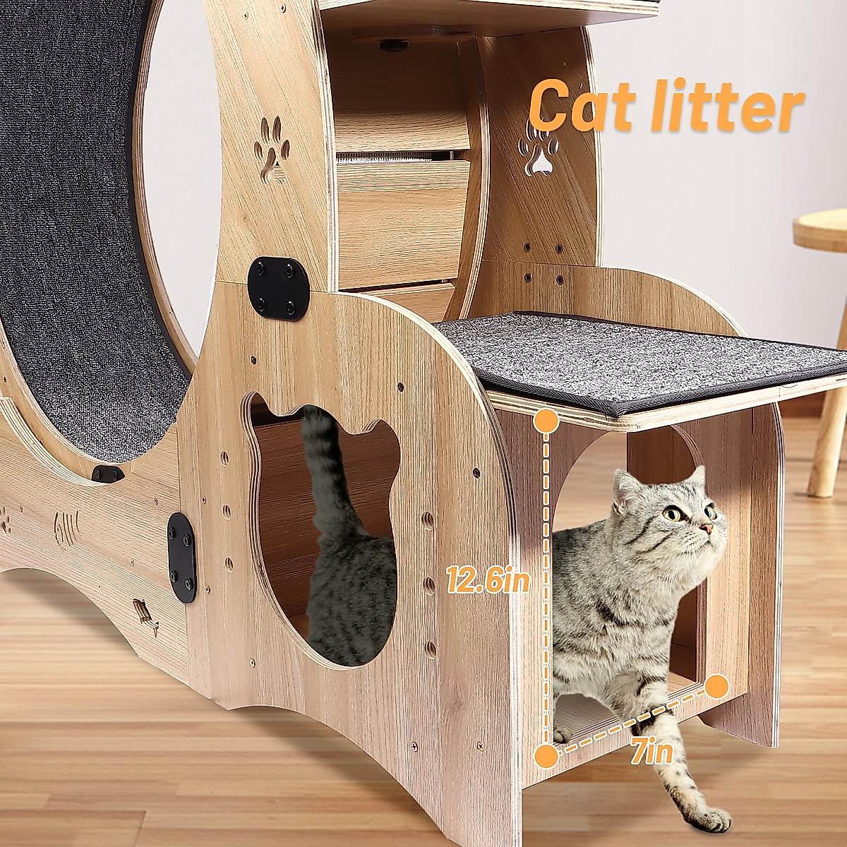 Rovibek Cat Exercise Wheel Indoor Cat Treadmill 4 in 1 Ultra Quiet Cat Running Wheel Exerciser for Indoor Cats with Climbing Ladders Cat Bowls Silent Roller, Solid Wood, Fits Most Cats