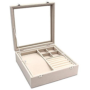 KLOUD City Jewelry Box with Glass Lid Two-Layer Jewelry Box Organizer Display Storage case (Beige)
