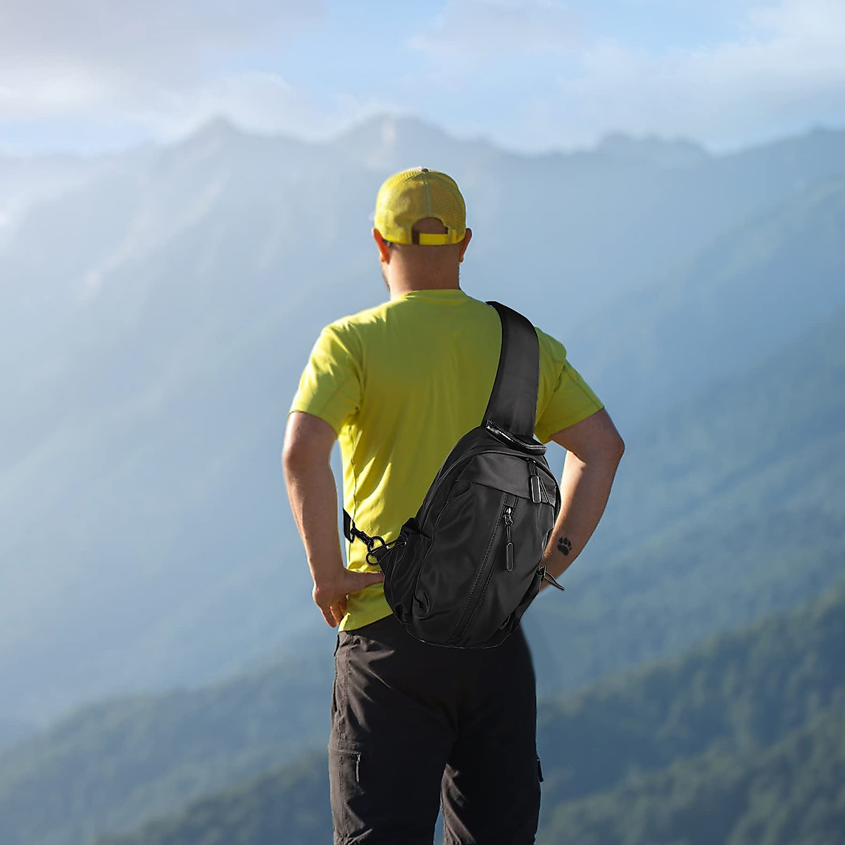 Qtittu Small Sling Bag Crossbody Backpack for Men Women Adjustable Strap Black Waterproof Shoulder Chest Daypack for Hiking Travel Commuting