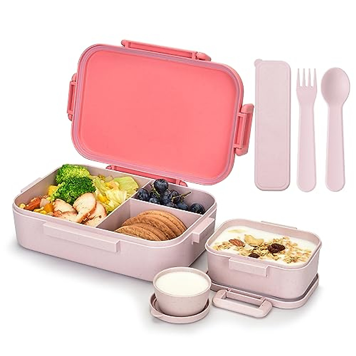 1200ML Bento Box, Wheat Straw Lunch Container With Utensil Set and Leak-Proof Movable Compartment, BPA-Free Lunch Box, Lightweight and Easy Open To-go Food Container for over 8 years old