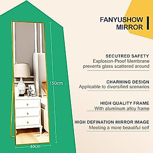 FANYUSHOW Full Length Mirror, Standing Hanging or Leaning Body Mirror, Simple Rectangle Design, Aluminum Alloy Thin Frame, Floor Mirror for Bedrooms, Bathrooms, Living Room (Gold)