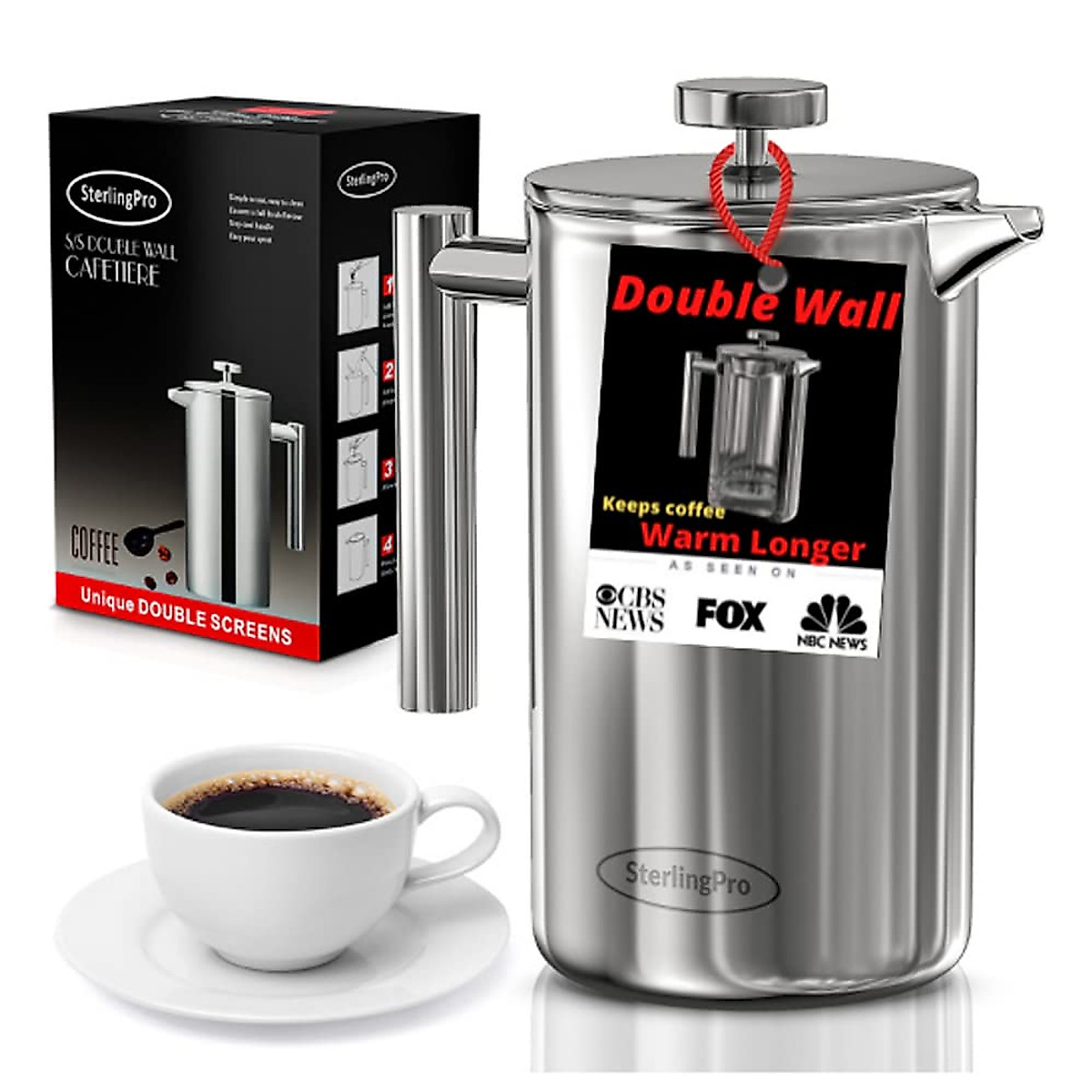 SterlingPro French Press Coffee Maker (1L)-Double Walled Large Coffee Press with 2 Free Filters-Enjoy Granule-Free Coffee Guaranteed, Stylish Rust Free Kitchen Accessory-Stainless Steel French Press