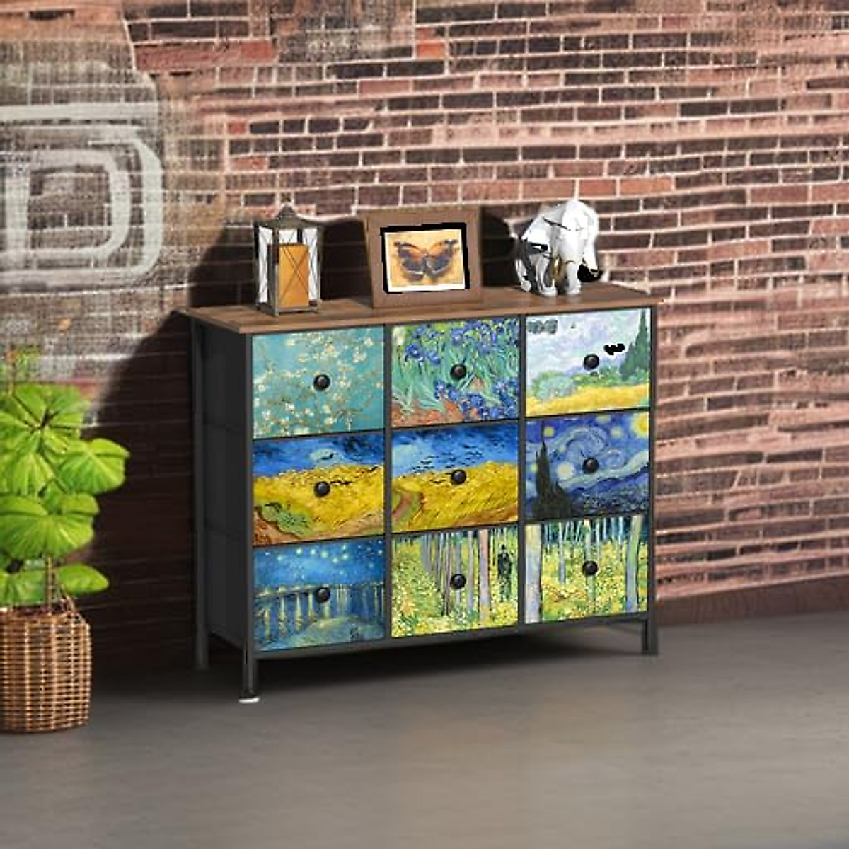 EXOTICA Van Gogh 9 Drawers Dresser Wide TV Stand Colorful Dressers & Chest of Drawers Enterway Furniture for Bedroom Living Room Hallway Closets Steel Frame Wood Top