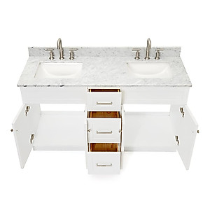 ARIEL 61" White Double Bathroom Vanity, Italian Carrara Marble Countertop & Splash, Rectangular Sink, 2 Soft Closing Doors, 3 Full Extension Dovetail Drawers, Toe Kick, Brushed Nickel