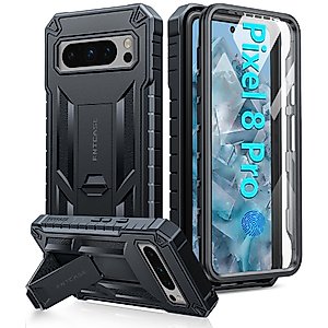 FNTCASE for Google Pixel 8-Pro Case: Shockproof Military Grade Protection Phone Cover with Built-in Kickstand | Drop Proof Hybrid Matte Textured Protective Cell Shell - Black 6.7 Inch
