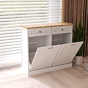 OQSC Double Tilt Out Trash Cabinet with 2 Drawers Wooden Free Standing Laundry Sorter Cabinet Kitchen Recycling Trash Can Bin Holder Cabinet with Storage (White)
